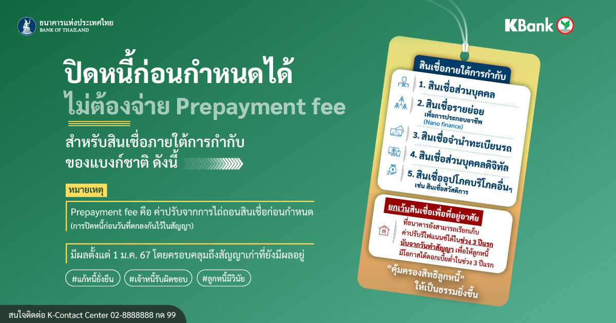ปิดหนี้ก่อนกำหนดได้ ไม่ต้องจ่ายค่าปรับ Prepayment Fee - ธนาคารกสิกรไทย